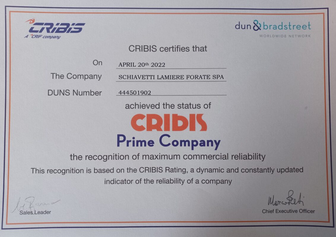 Certification CRIBIS 2022 - Schiavetti Lamiere forate